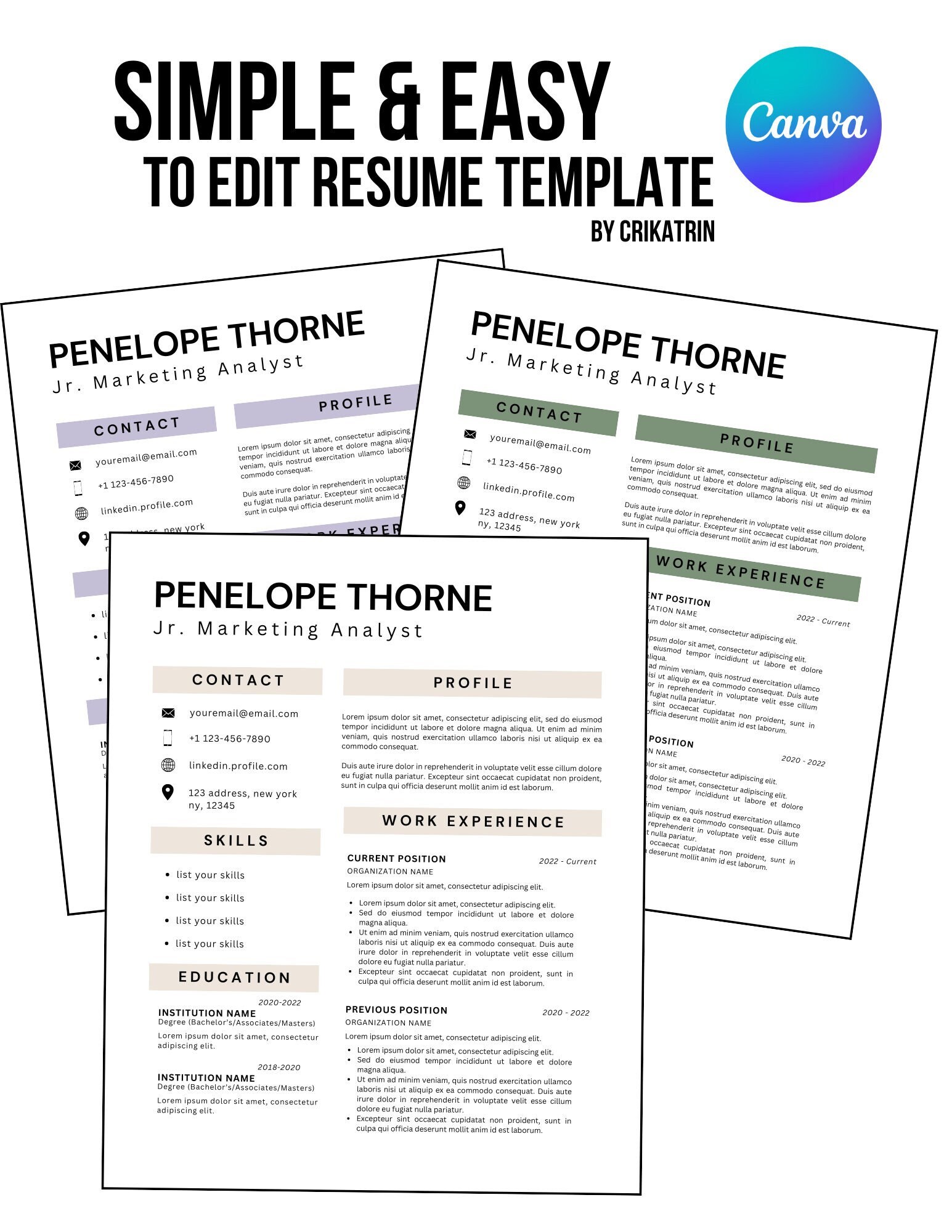 Simple Resume Template EDIT USING CANVA Customizable - Etsy