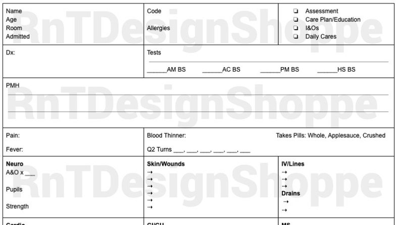Nursing Report Sheet for MS or IMC, Telemetry, Brain, Digital Download ...