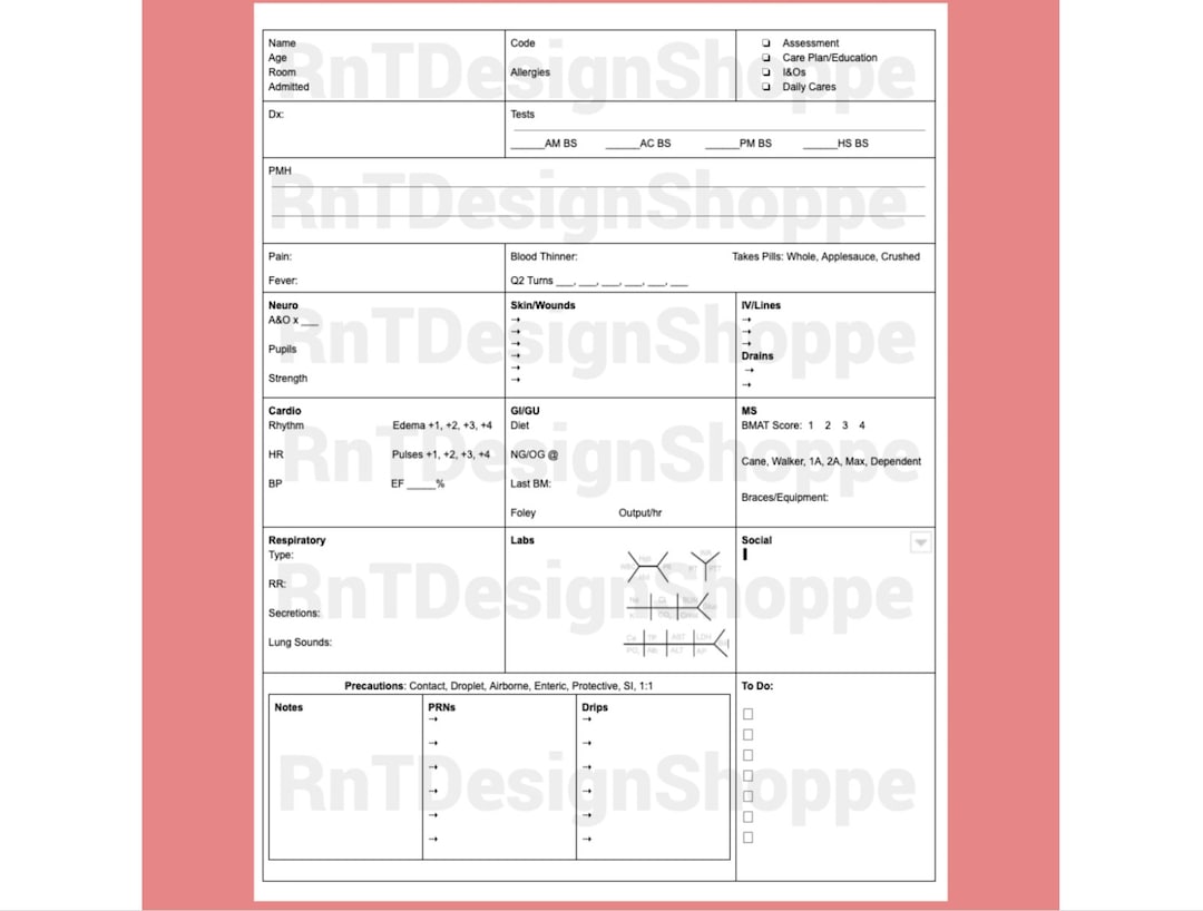 Nursing Report Sheet for MS or IMC, Telemetry, Brain, Digital Download ...