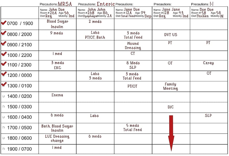 Nursing Hourly to Do, Nurse Shift Planner, 5 Patients, Med Surge Nurse ...