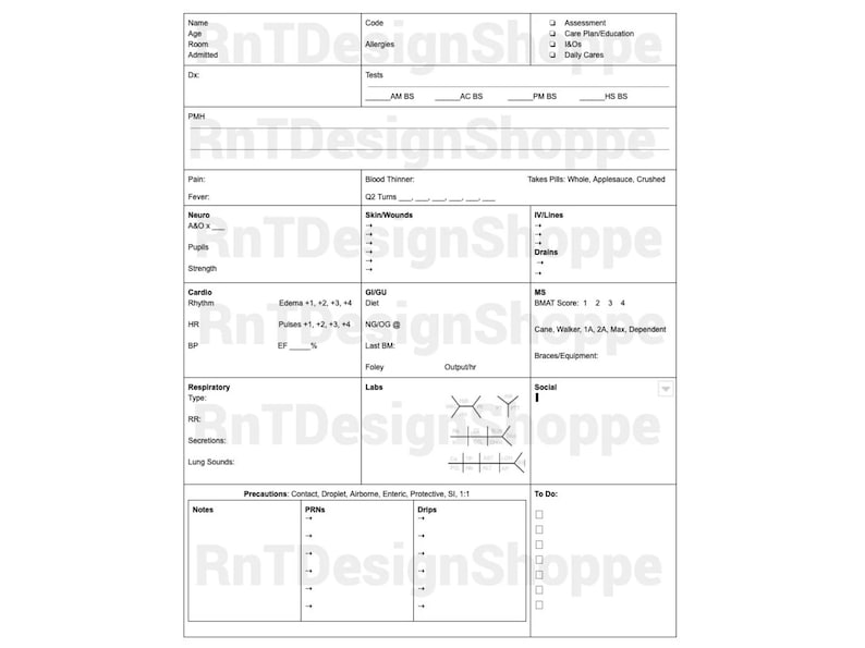 Nursing Report Sheet for MS or IMC, Telemetry, Brain, Digital Download ...