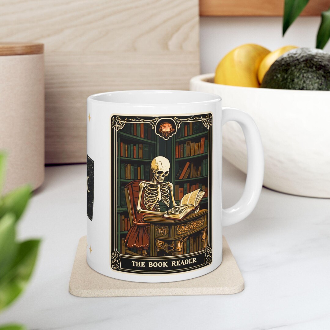 The Book Reader Tarot Mug, Tarot Card Mug, Skeleton Mug, Funny Tarot ...