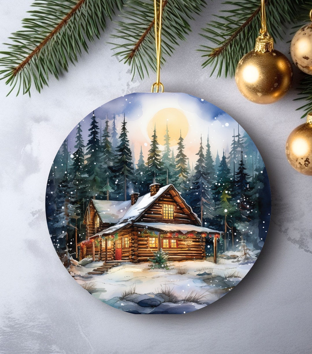 Log Cabin Christmas Ornament, Watercolor Christmas Ornaments, Christmas ...