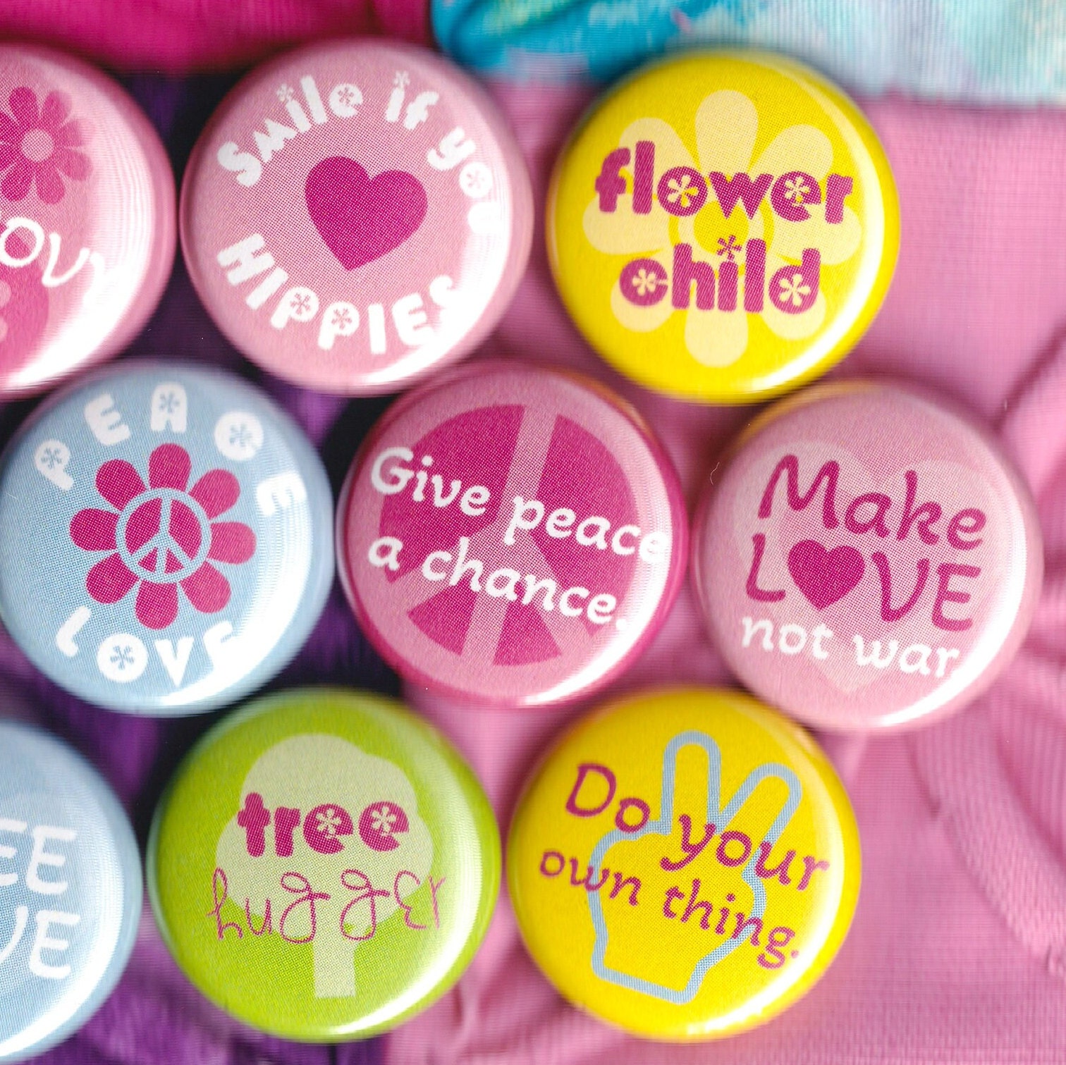 Retro Hippie Flower Child Pack Set of 10 Pinback Buttons or Magnets ...