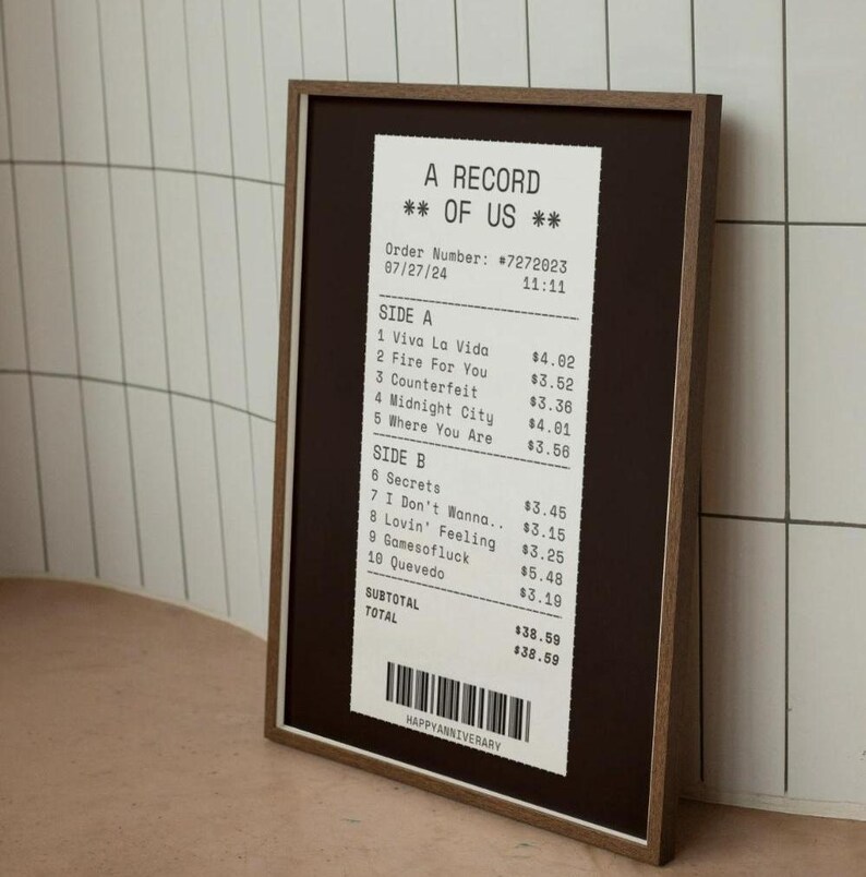 Song Receipt Poster, Apartment Wall Decor, Custom Anniversary ...