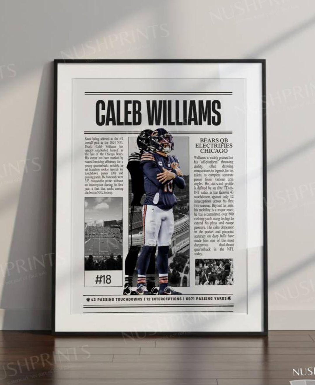Caleb Williams 3D Newspaper Poster | Chicago Bears Football Stats Wall ...