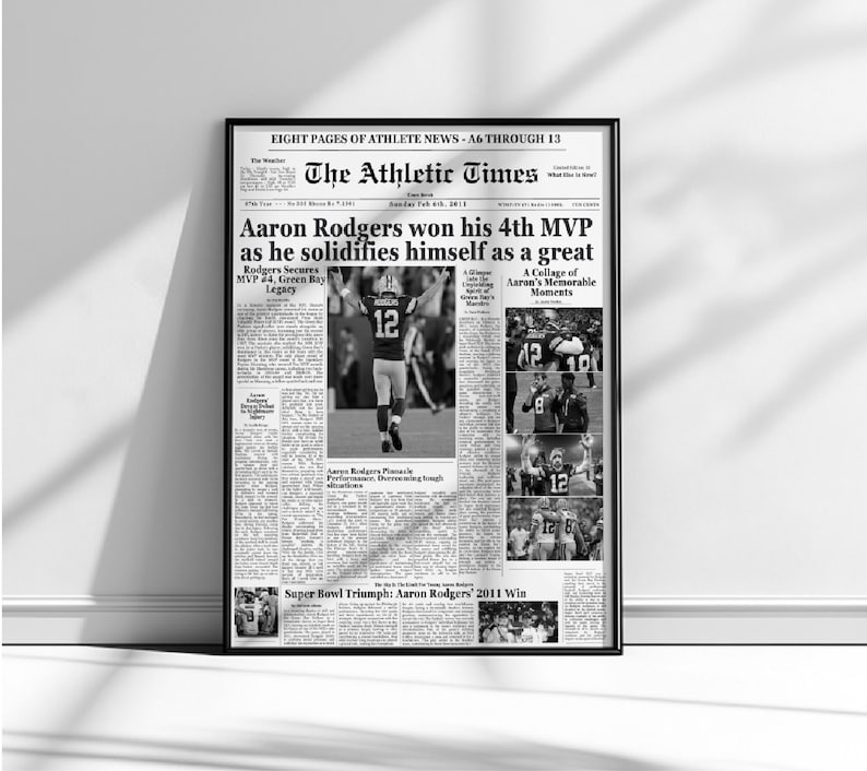 Aaron Rodgers Newspaper Poster | Custom Football Wall Art | Super Bowl ...