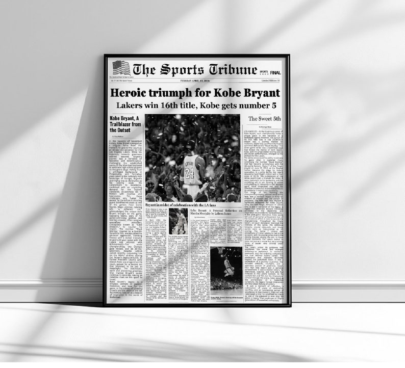 Kobe Bryant Newspaper Poster, NBA Poster, Sports Poster, Basketball ...
