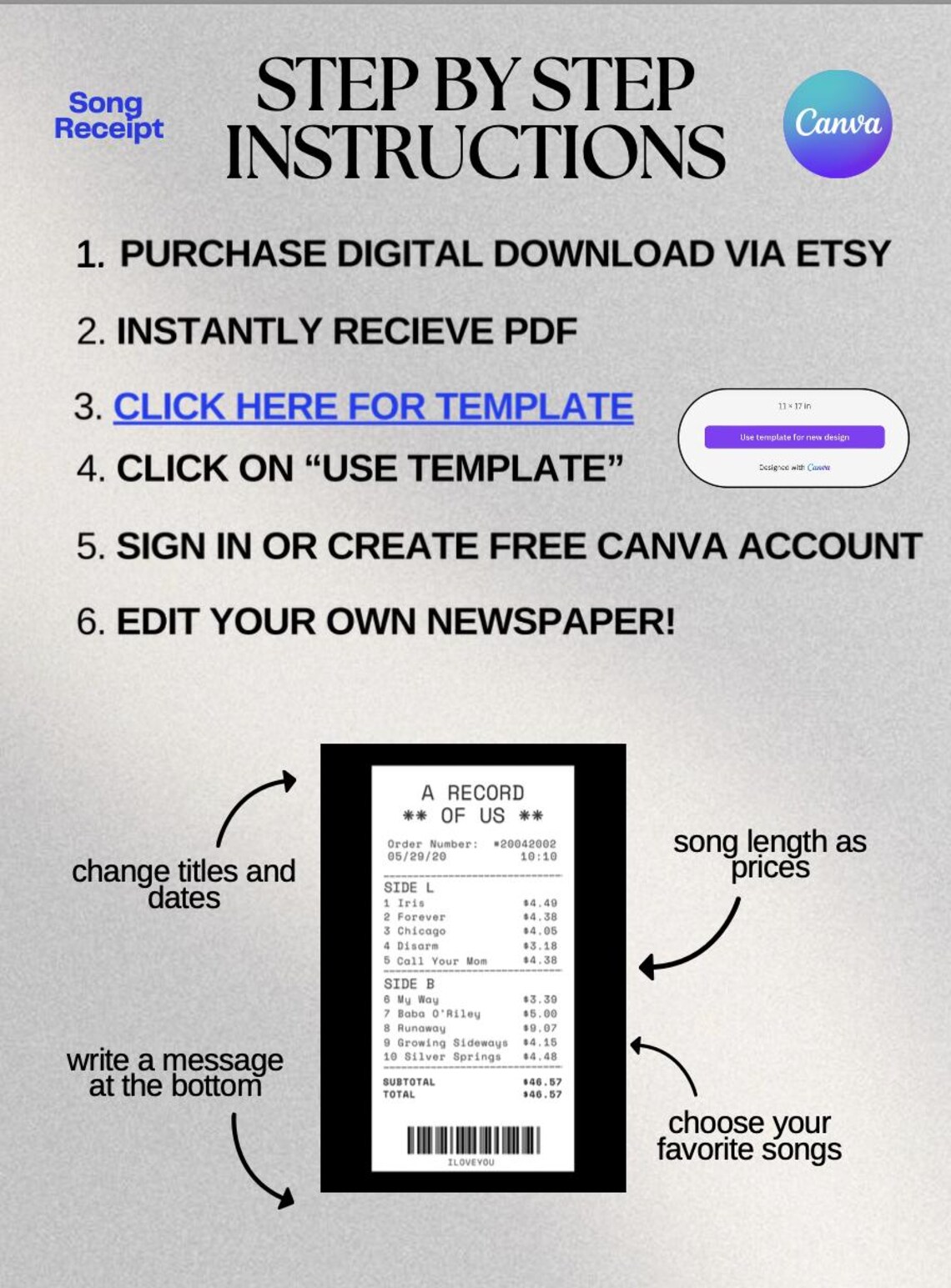 Song Receipt Poster, Apartment Wall Decor, Custom Anniversary ...