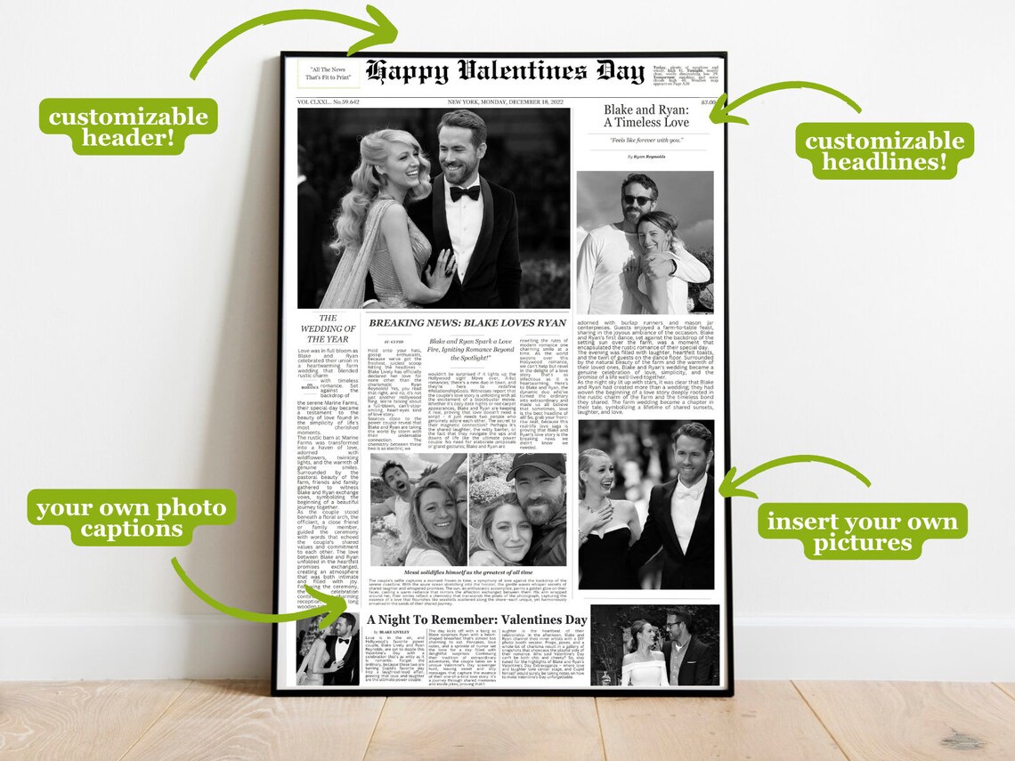 Custom Newspaper Headline Romantic Gift Valentine's Day Wedding ...