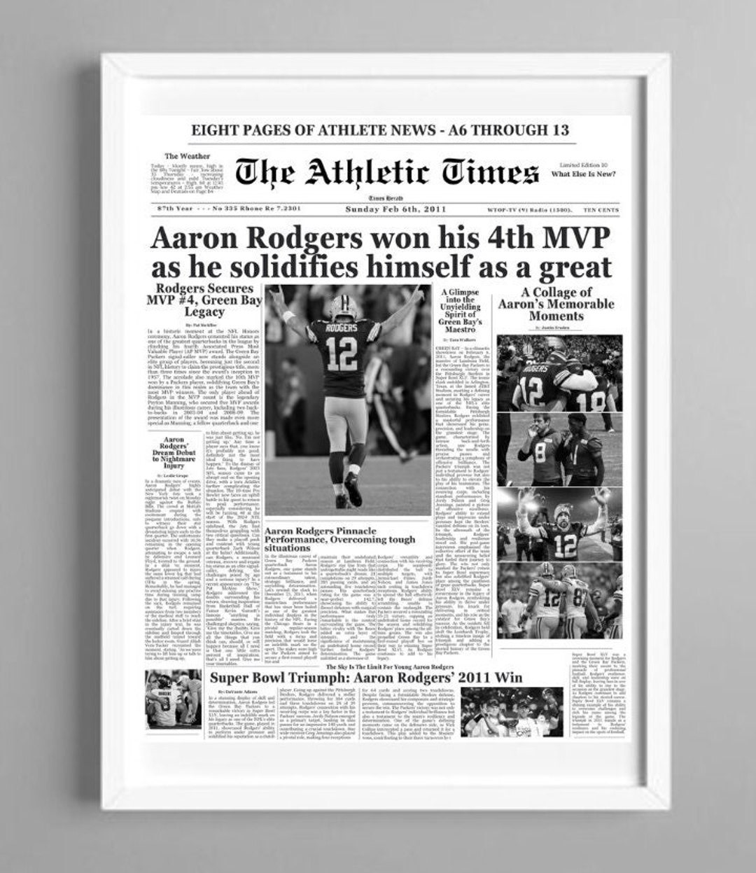 Aaron Rodgers Newspaper Poster Custom Football Wall Art Super Bowl ...