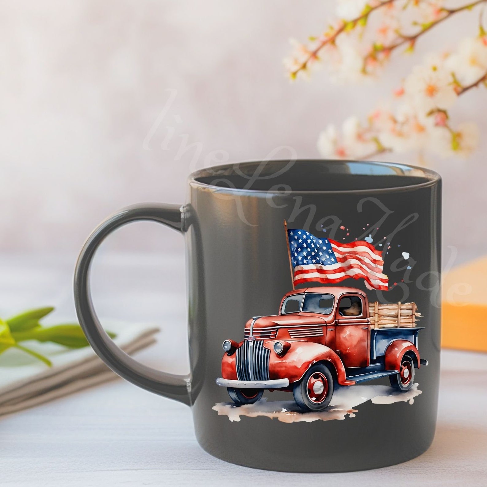 Watercolor PNG Truck With America Flag, Vintage Red Truck, High Quality ...