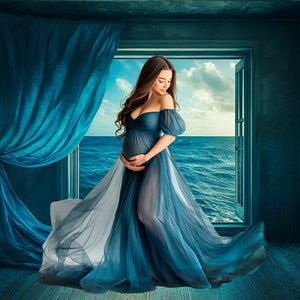2 Blue Photo Studio Background With Sea View and Light Curtains ...