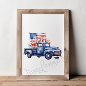Flag Day, Vintage Blue Truck in PNG, Watercolor Truck With America Flag ...