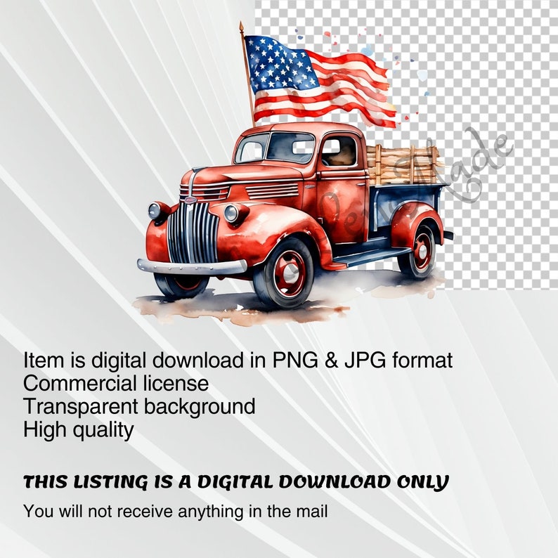 Watercolor PNG Truck With America Flag, Vintage Red Truck, High Quality ...