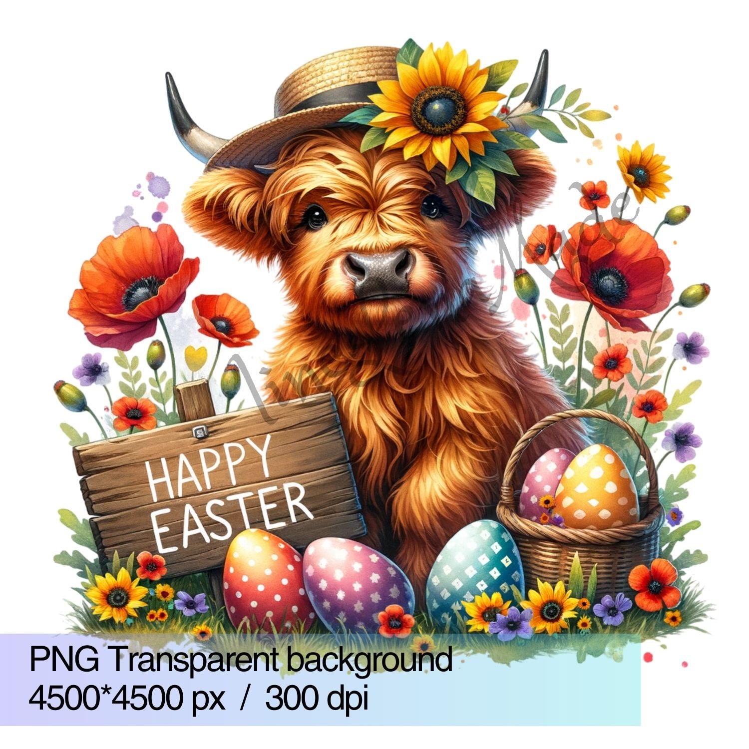 Easter Cow PNG, Highland Cow Wearing a Straw Hat and Holding Easter ...