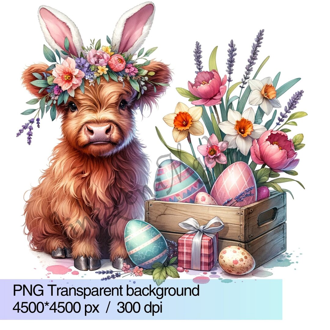 Easter Cow PNG, Highland Cow With Flowers and Bunny Ears and Holding ...