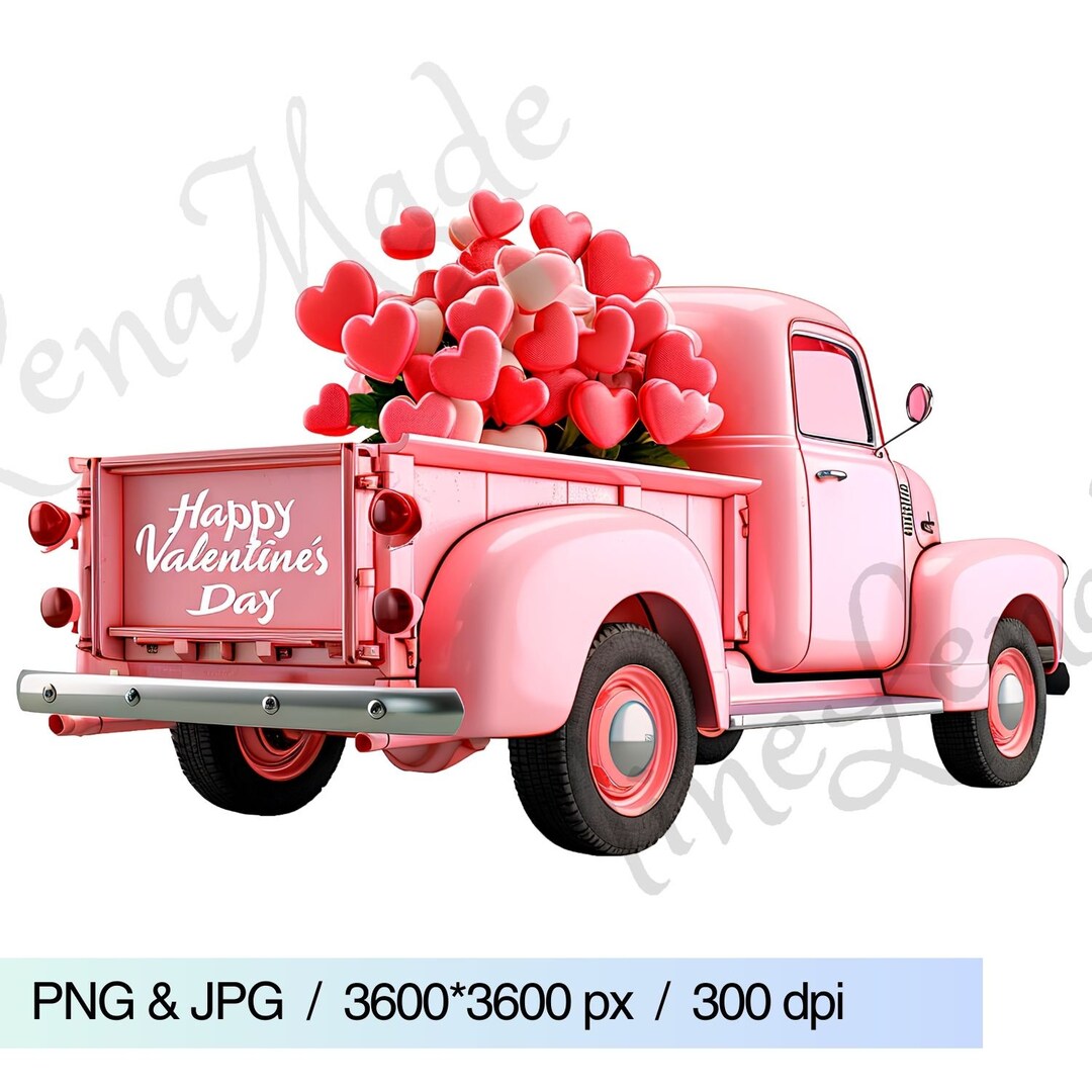 Vintage Pink Truck Valentine Day in Format PNG and JPG, Valentine's ...