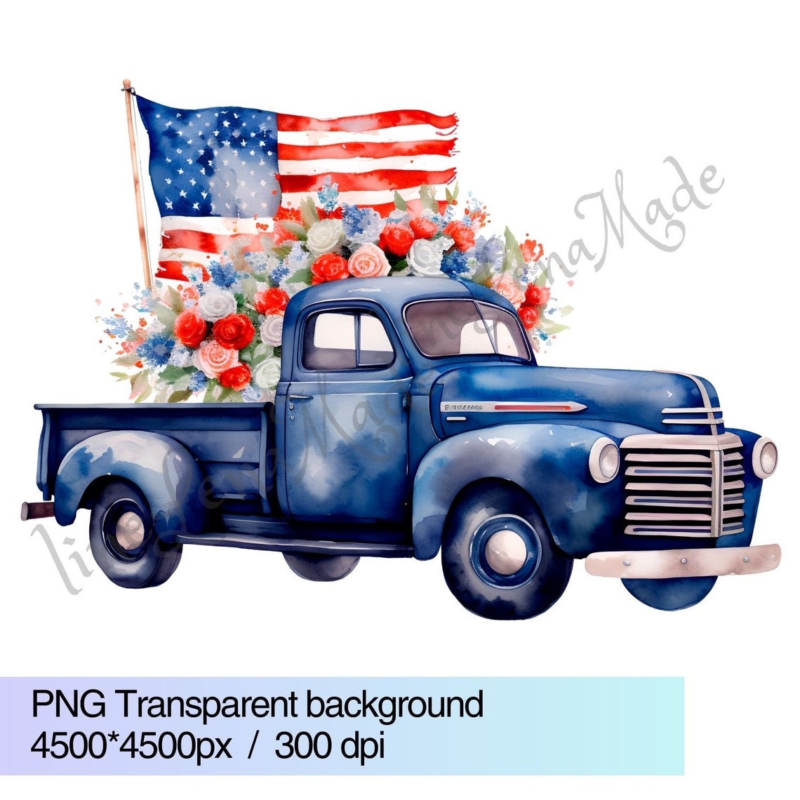 Flag Day, Vintage Blue Truck in PNG, Watercolor Truck With America Flag ...
