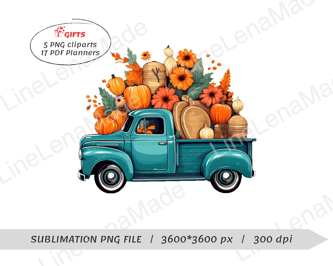 Autumn-themed Vintage Blue Truck Clipart PNG for Printing - Fall ...