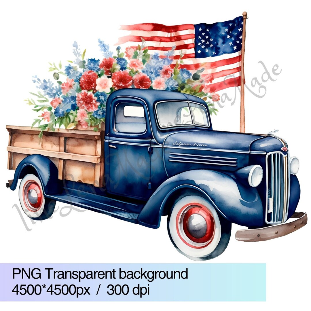 Vintage Blue Truck in PNG, Watercolor Truck With America Flag, High ...
