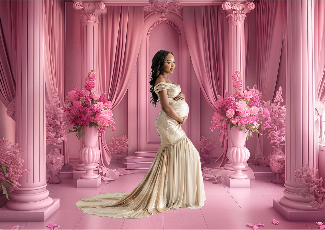 Photo Background With Pink Flowers and Columns, Maternity Backdrop ...