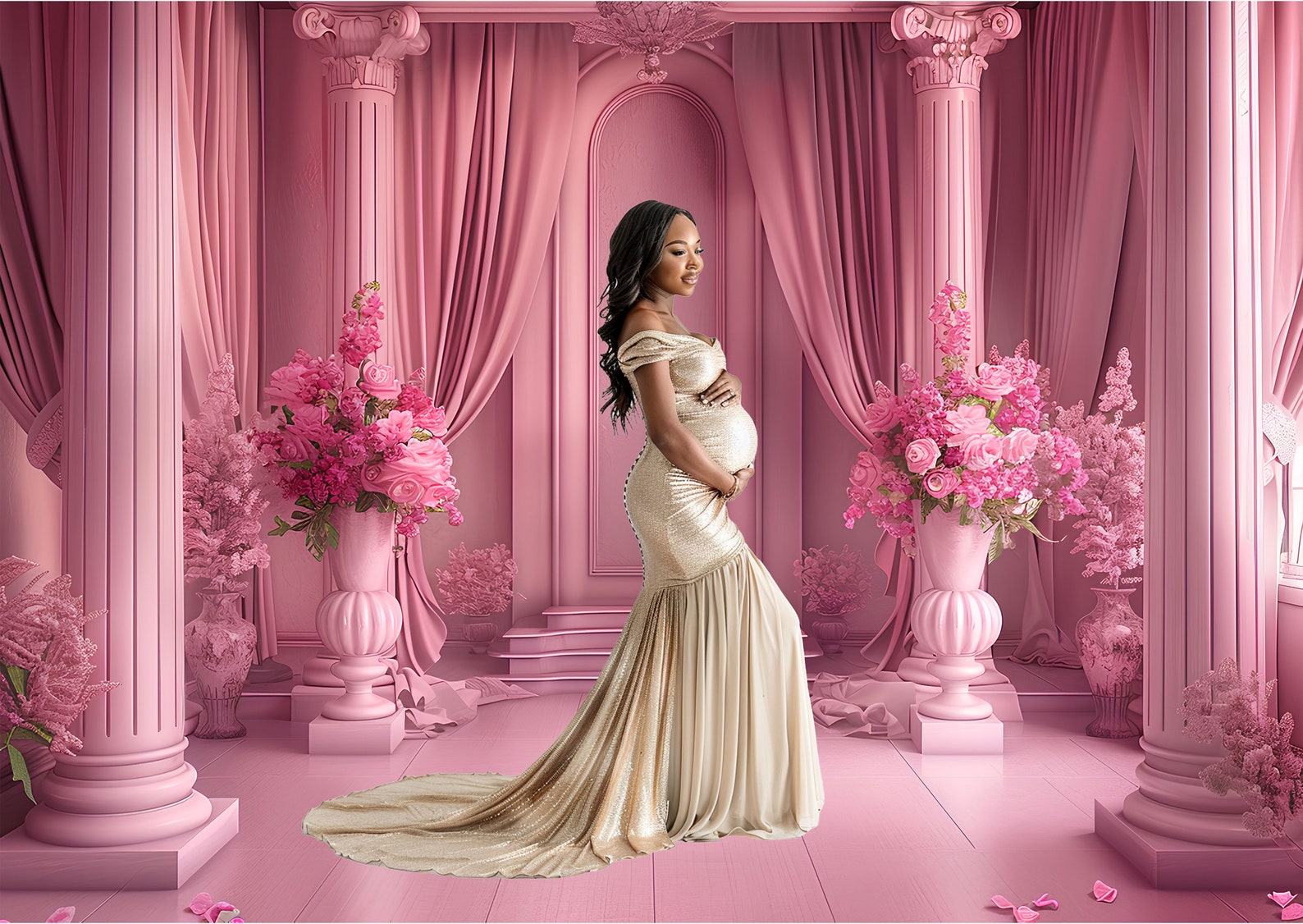 Photo Background With Pink Flowers and Columns, Maternity Backdrop ...