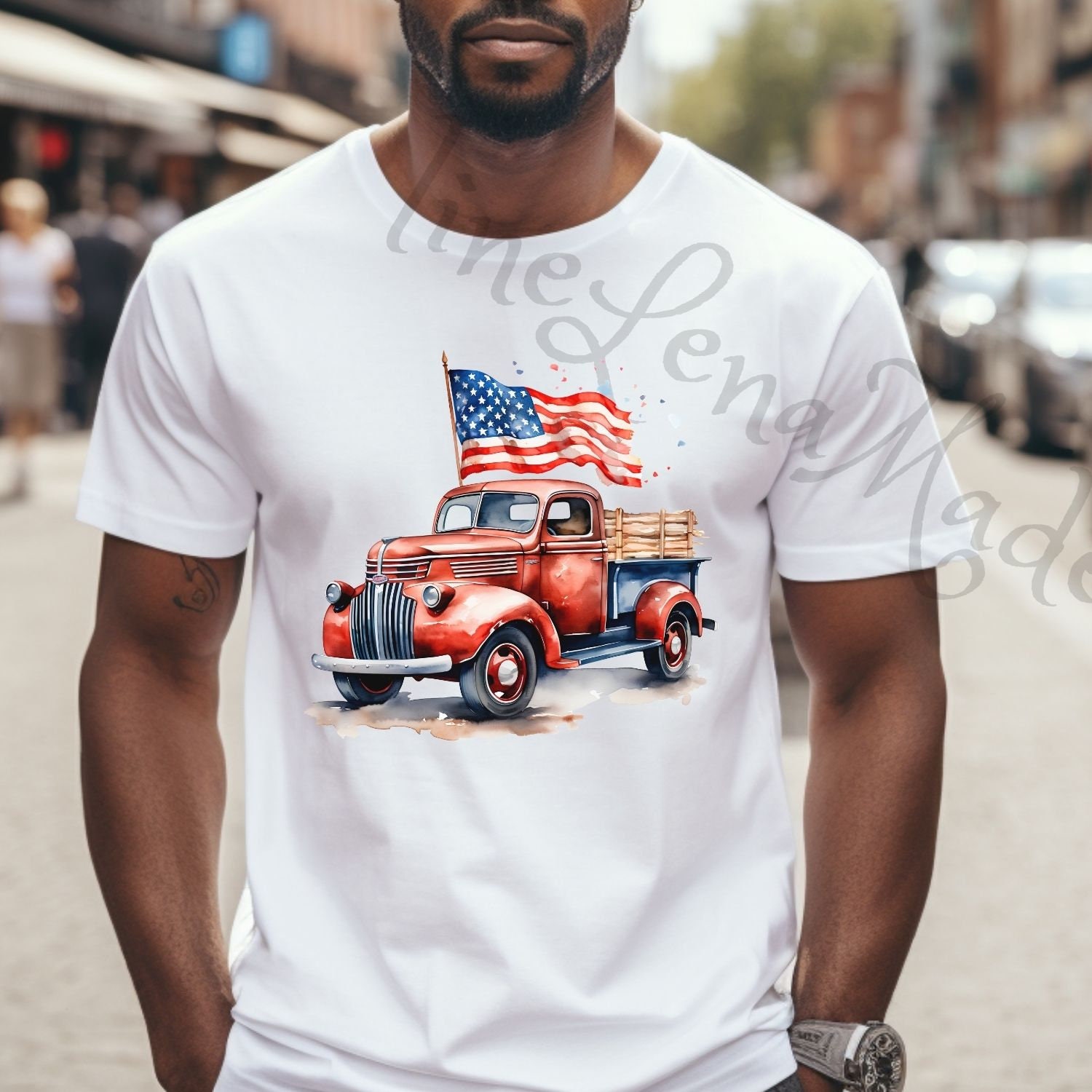 Watercolor PNG Truck With America Flag, Vintage Red Truck, High Quality ...