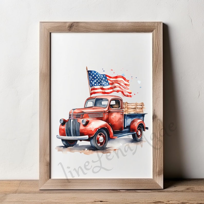 Watercolor PNG Truck With America Flag, Vintage Red Truck, High Quality ...