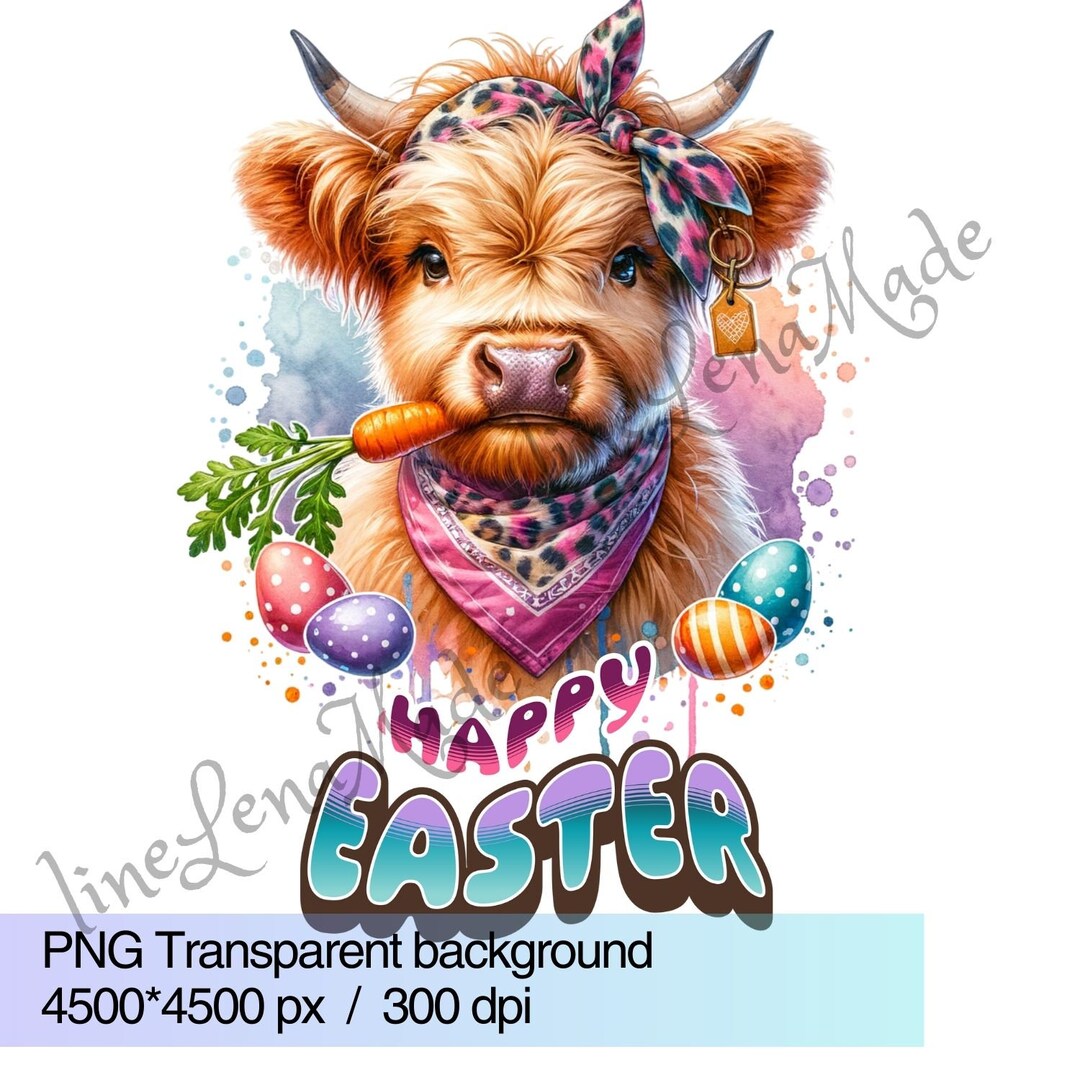 Easter Cow PNG, Highland Cow in Leopard Scarf Chewing Carrots, Easter ...