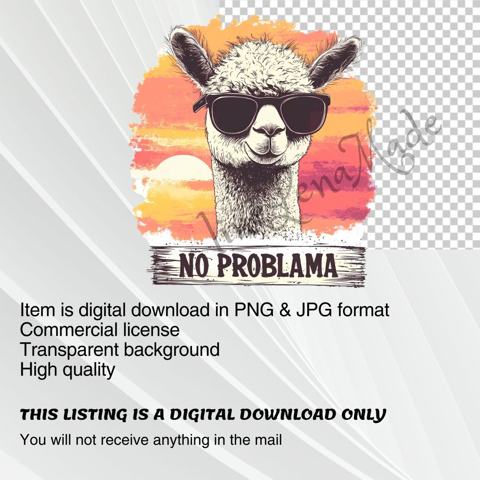 No Probllama, PNG Clipart for Printing, Digital Illustration, Vintage ...