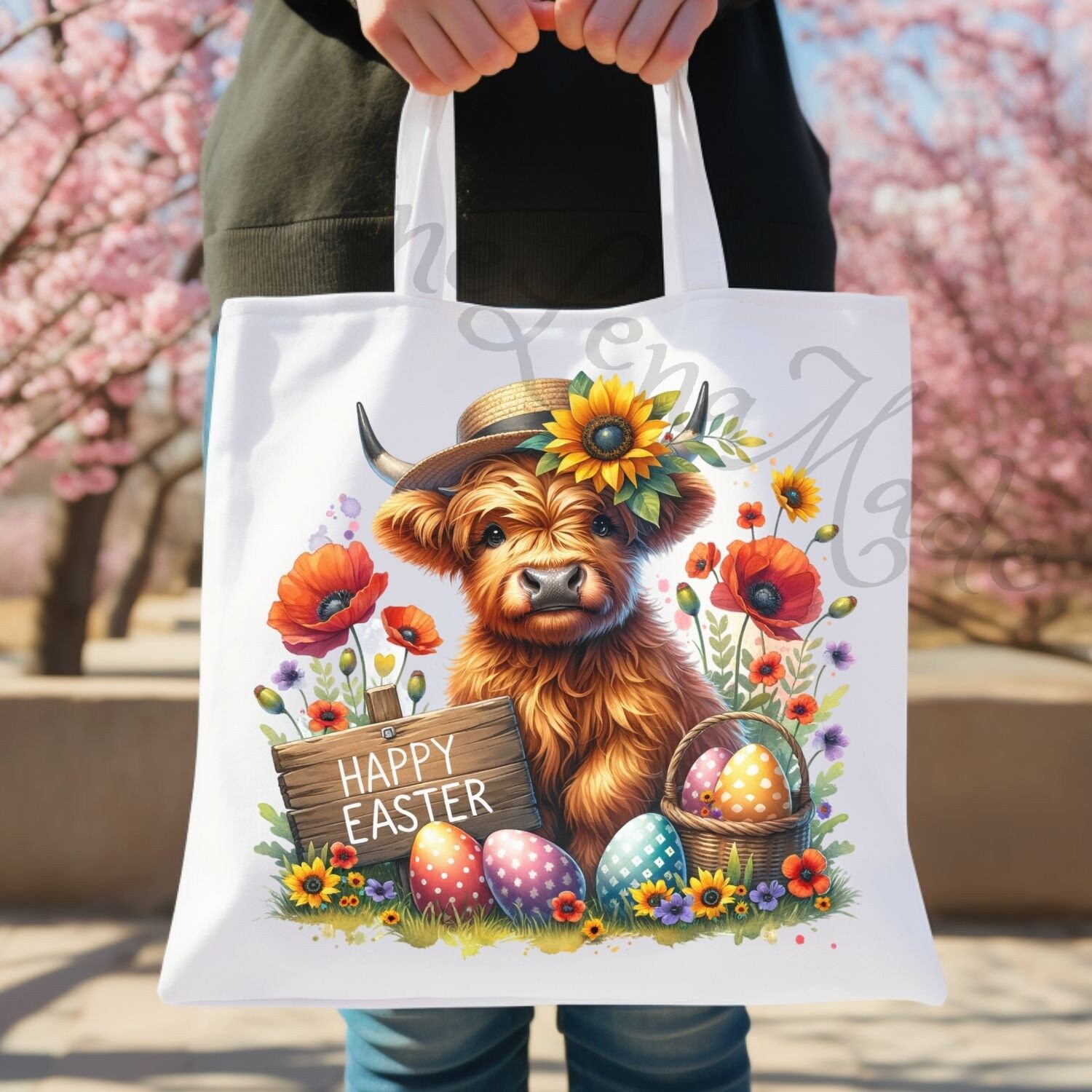 Easter Cow PNG, Highland Cow Wearing a Straw Hat and Holding Easter ...