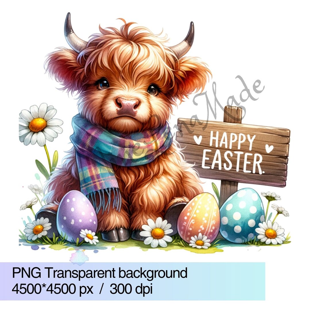 Highland Cow Wearing a Scarf and Holding Easter Eggs, Easter Clipart ...
