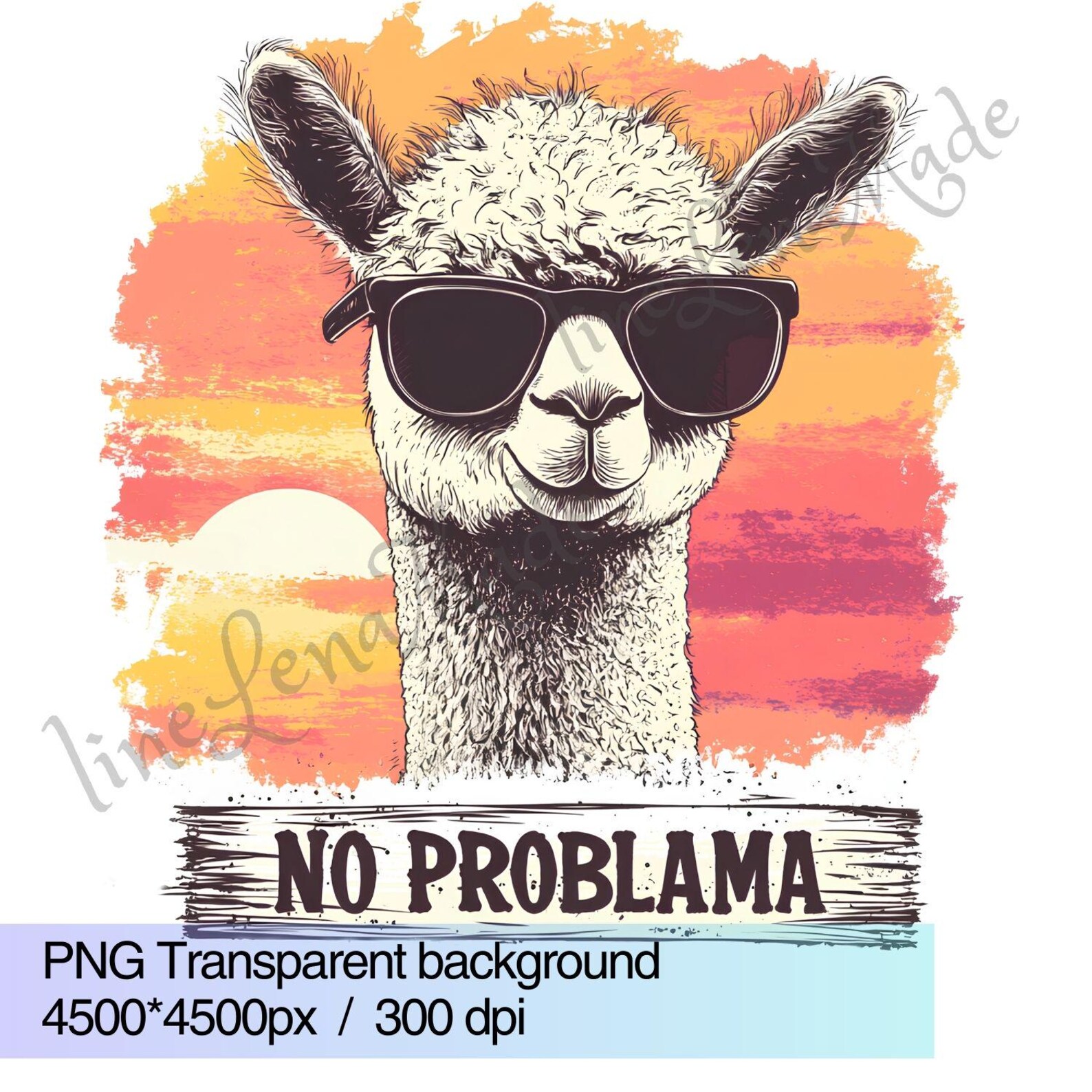 No Probllama, PNG Clipart for Printing, Digital Illustration, Vintage Design With Alpaca in ...