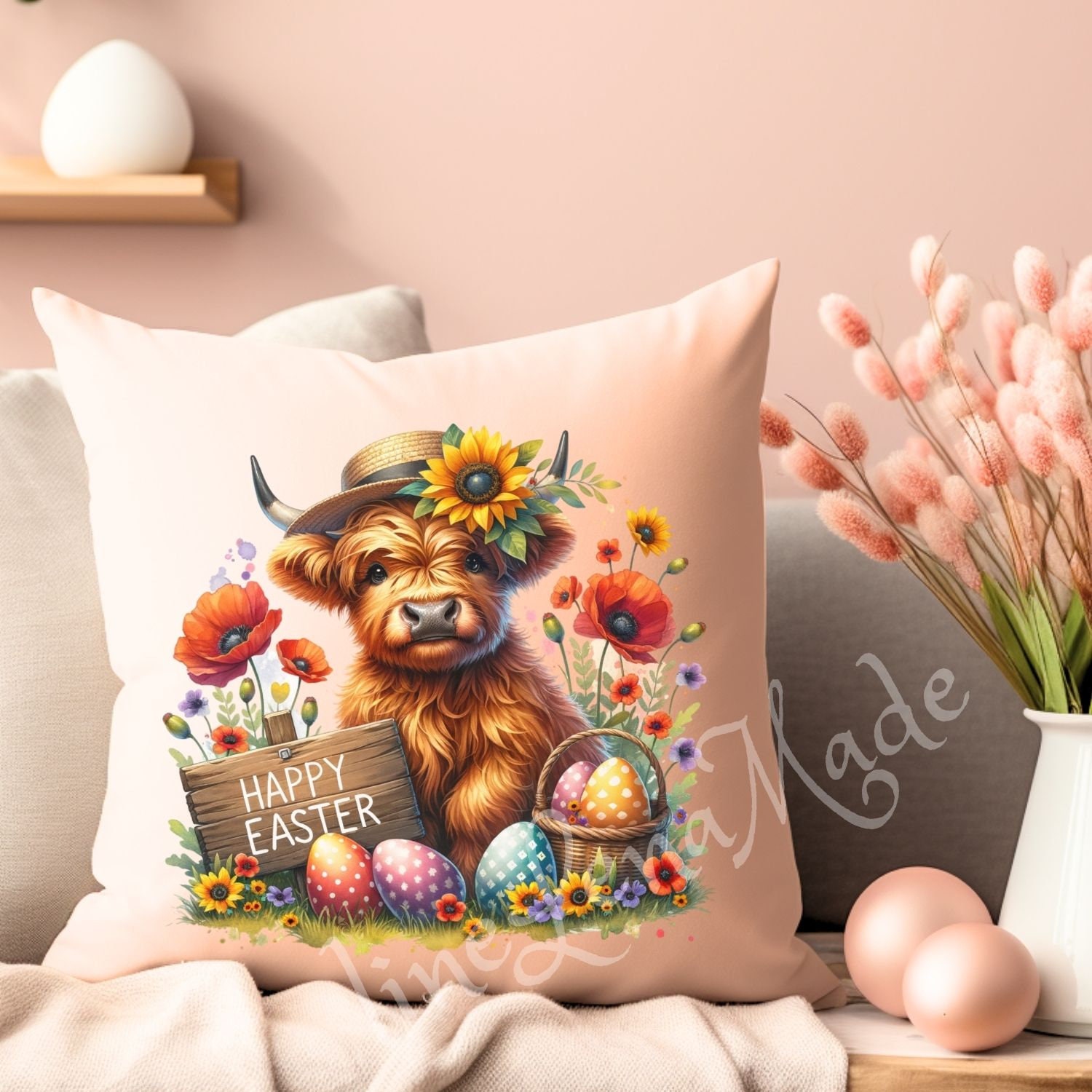 Easter Cow PNG, Highland Cow Wearing a Straw Hat and Holding Easter ...