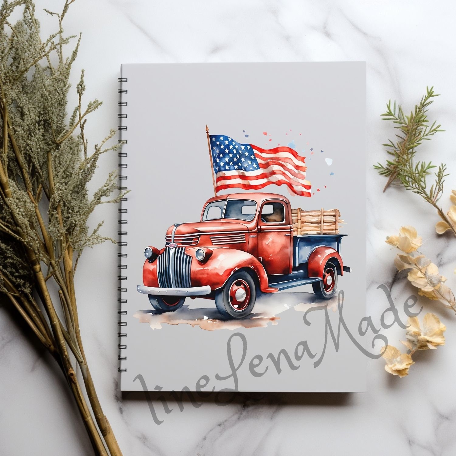 Watercolor PNG Truck With America Flag, Vintage Red Truck, High Quality ...