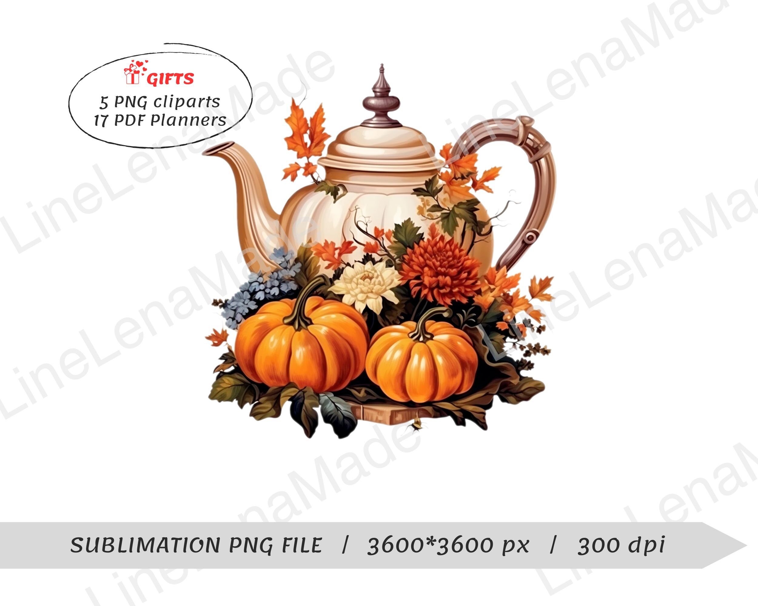 Tea Party Clipart for Thanksgiving, Retro Fall Themed Teapot With ...