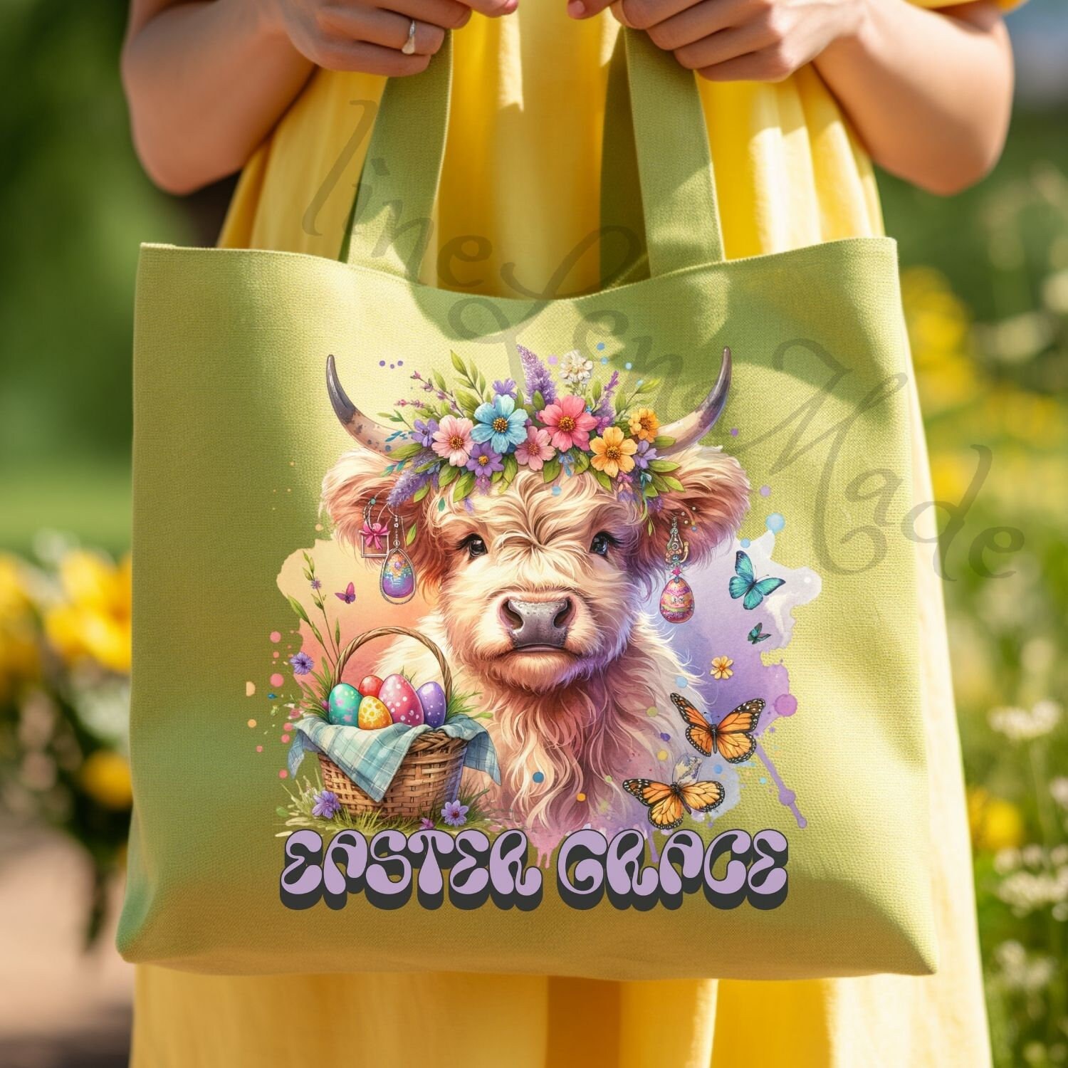Easter Cow PNG - Highland Cow With Wildflower Wreath, Butterflies and ...
