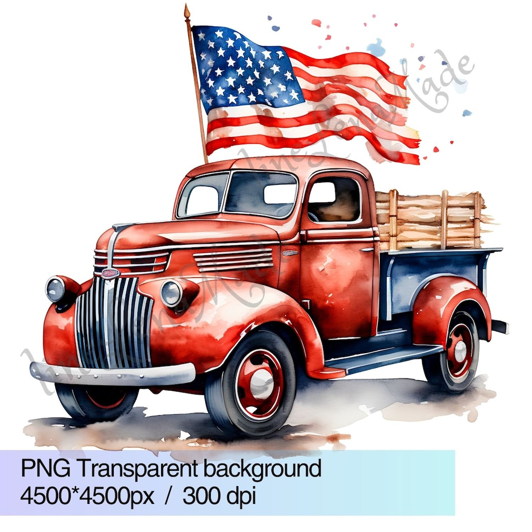 Watercolor PNG Truck With America Flag, Vintage Red Truck, High Quality ...