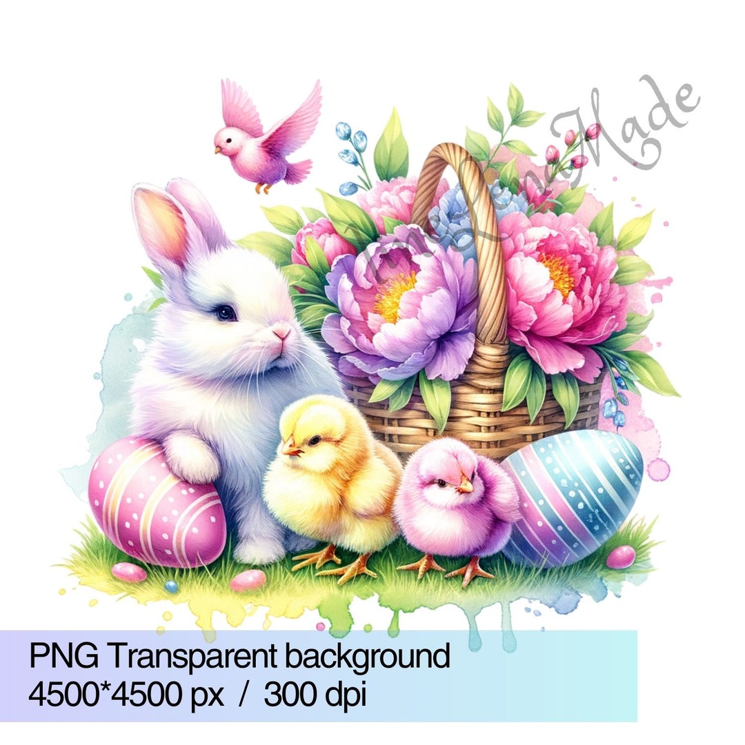 Easter Bunny With Chick PNG, Cute Bunny Next to Easter Eggs, Chicks and ...