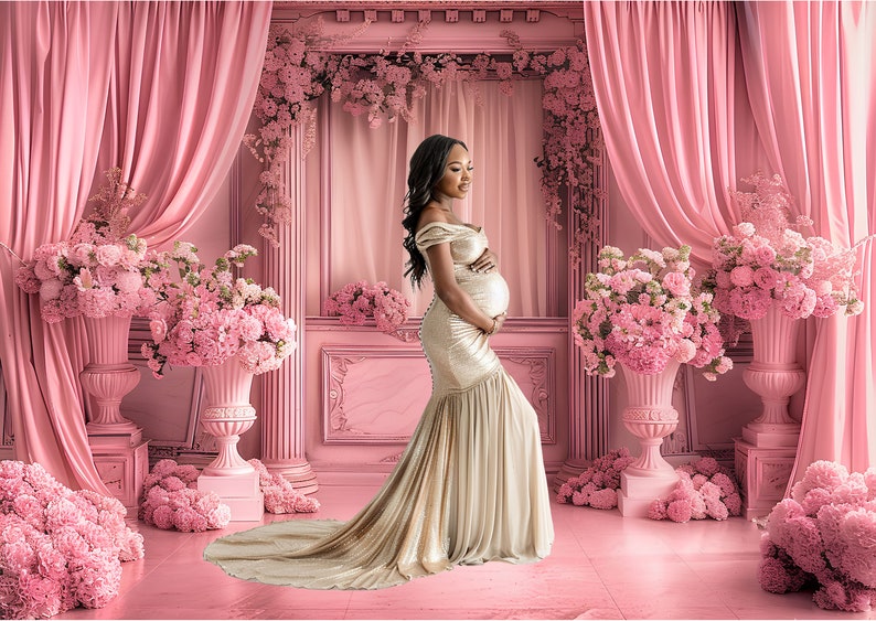Photo Background With Pink Flowers and Columns, Maternity Backdrop ...
