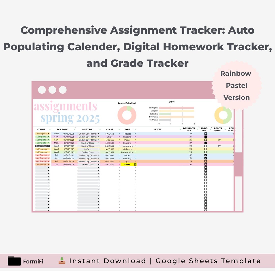 Assignment Tracker for Students (rainbow Pastels) – Google Sheets ...