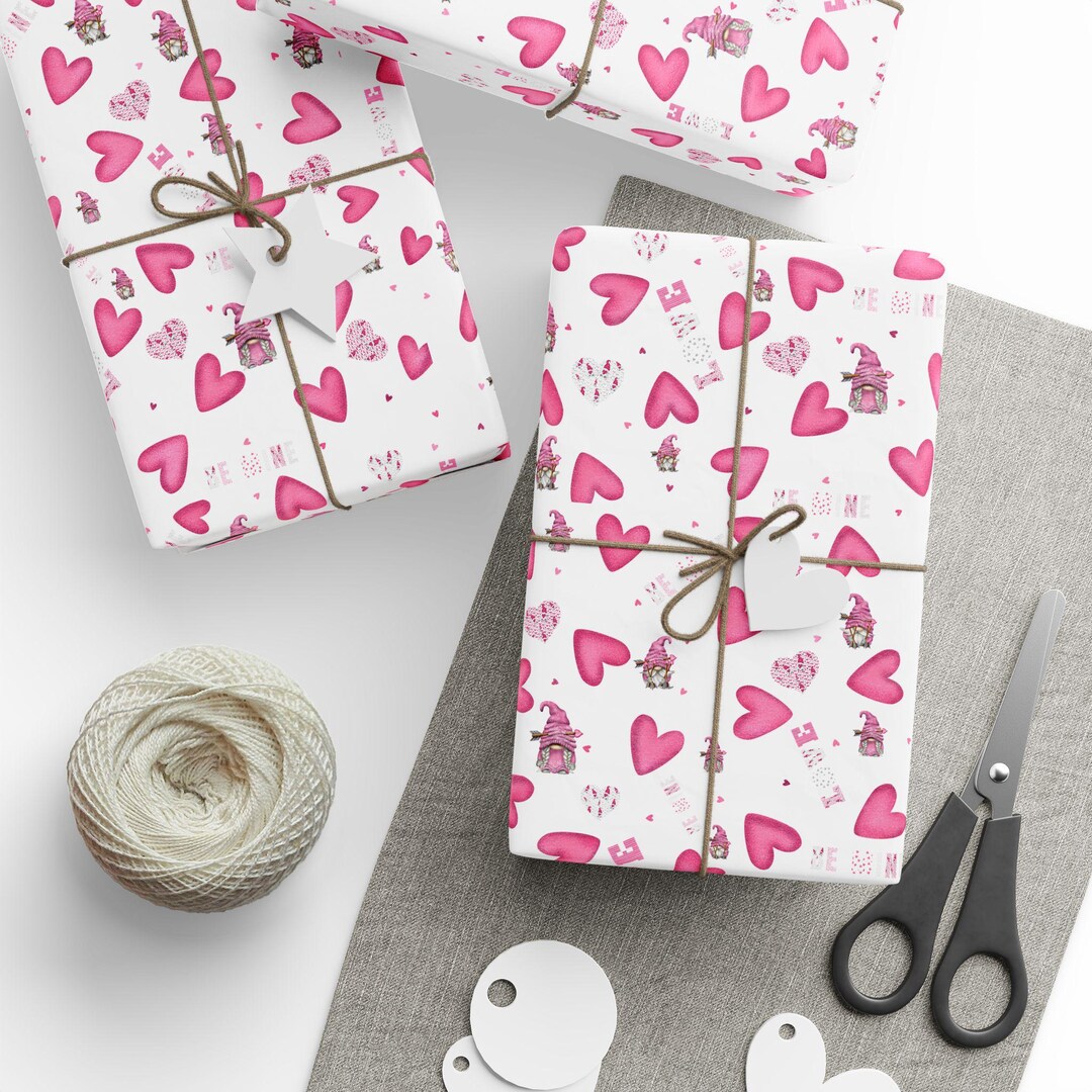 Valentine Gnome Wrapping Paper Pink and White Love Be Mine Hearts ...