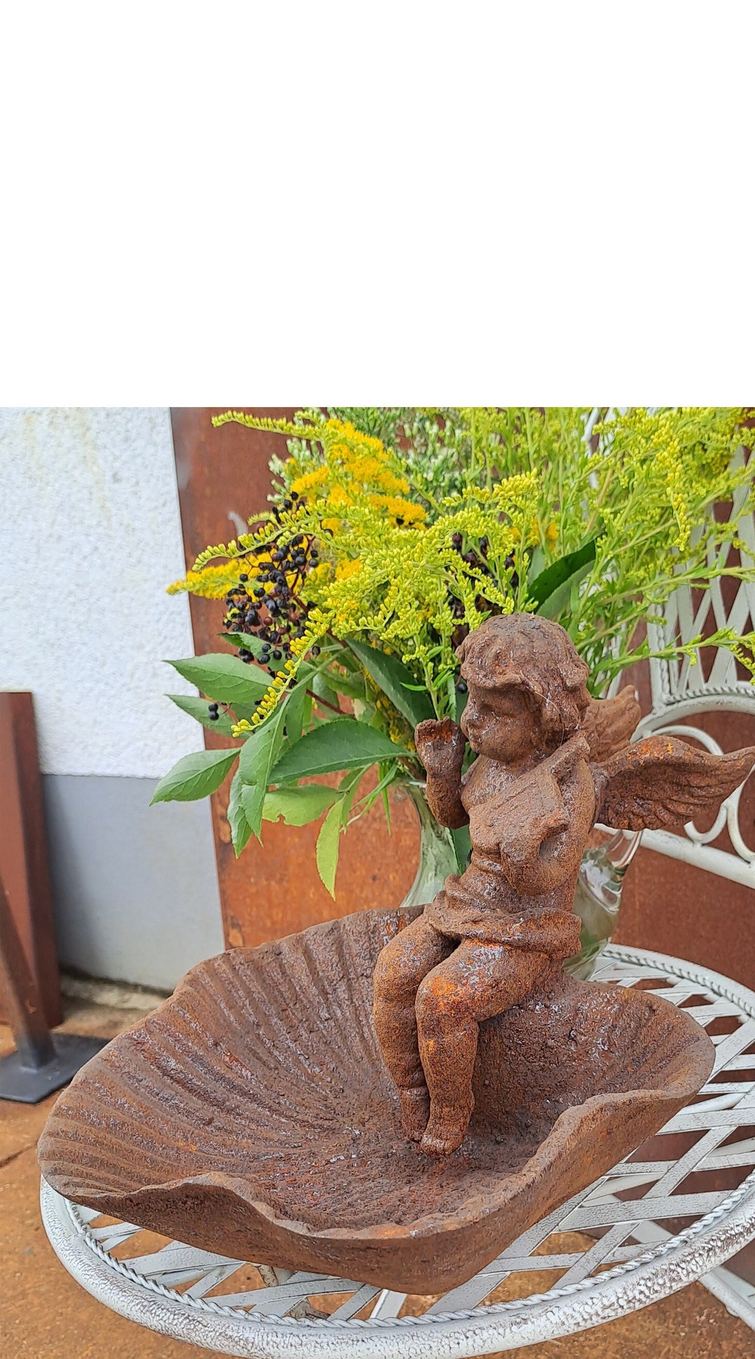 Patina Bird Bath Putto With Harve Cast Iron H:30 Cm Bird Bath - Etsy
