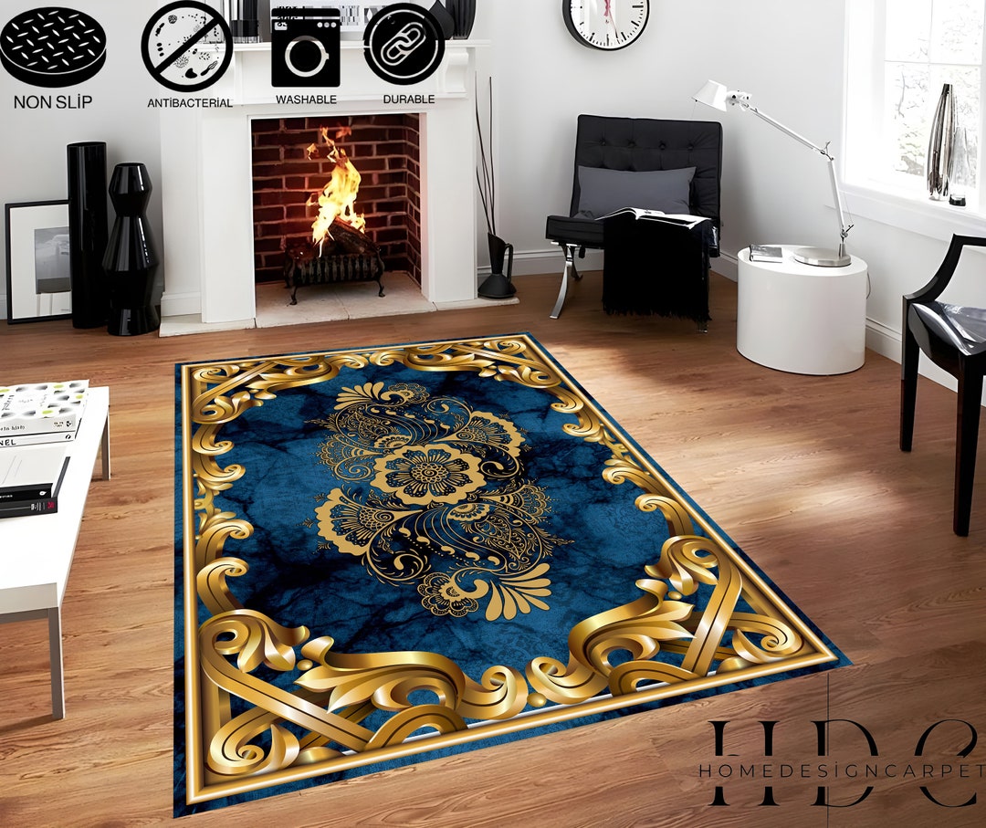 Blue and Gold Pattern Rug / Blue Rugs / Geometric Carpet / Modern Rug ...