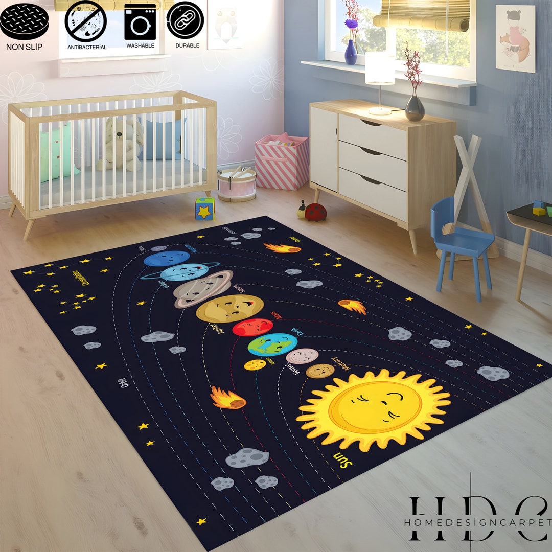 Vibrant Cute Kids Solar System Pattern Rug / Kids Room Rug ...