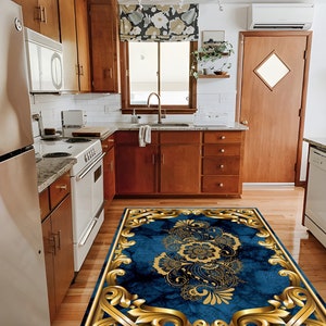 Blue and Gold Pattern Rug / Blue Rugs / Geometric Carpet / Modern Rug ...