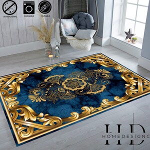Blue and Gold Pattern Rug / Blue Rugs / Geometric Carpet / Modern Rug ...