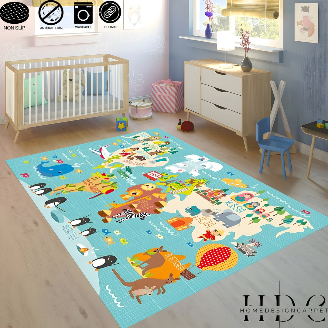 Large Cotton Kids Play Rug / Playroom Carpet / Cotton Nursery Map Mat ...