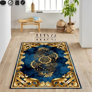 Blue and Gold Pattern Rug / Blue Rugs / Geometric Carpet / Modern Rug ...